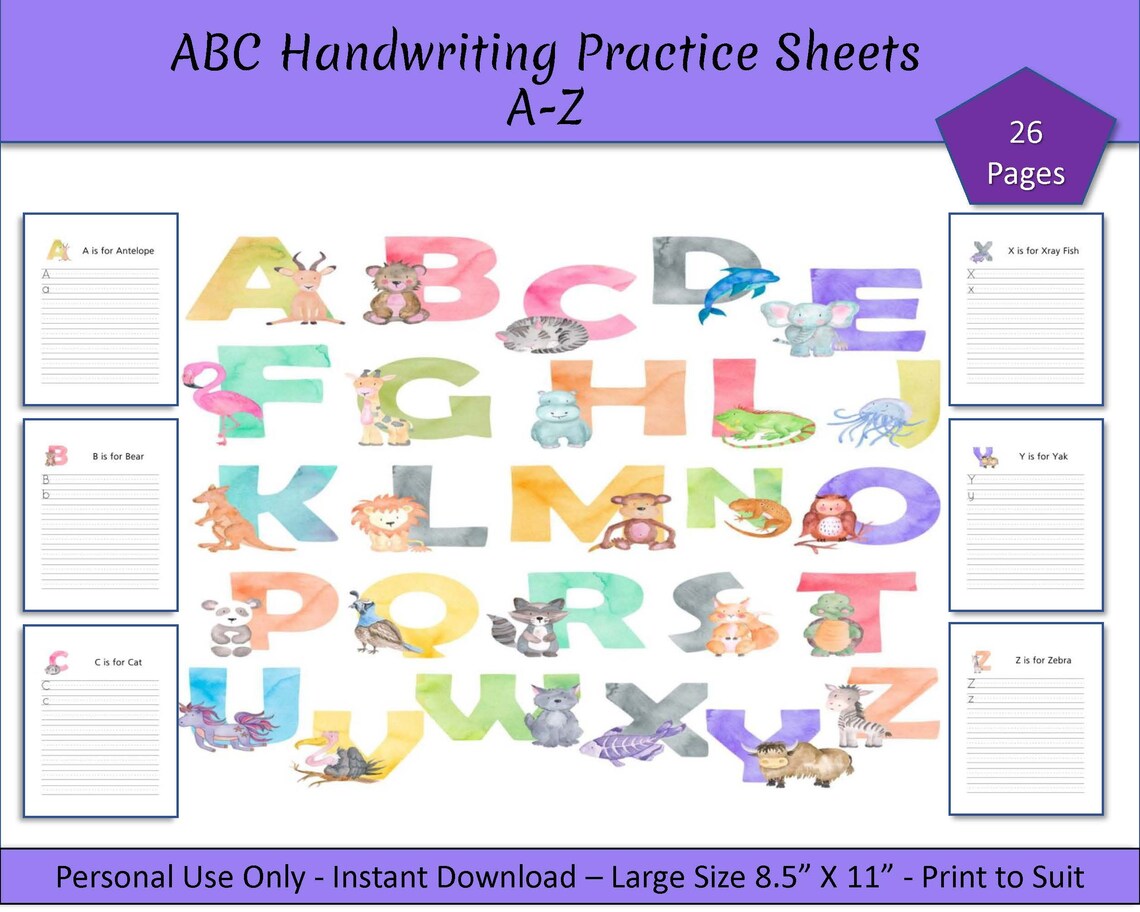 Kids ABC Animal Alphabet Practice Sheets With INSTANT DOWNLOAD - Etsy