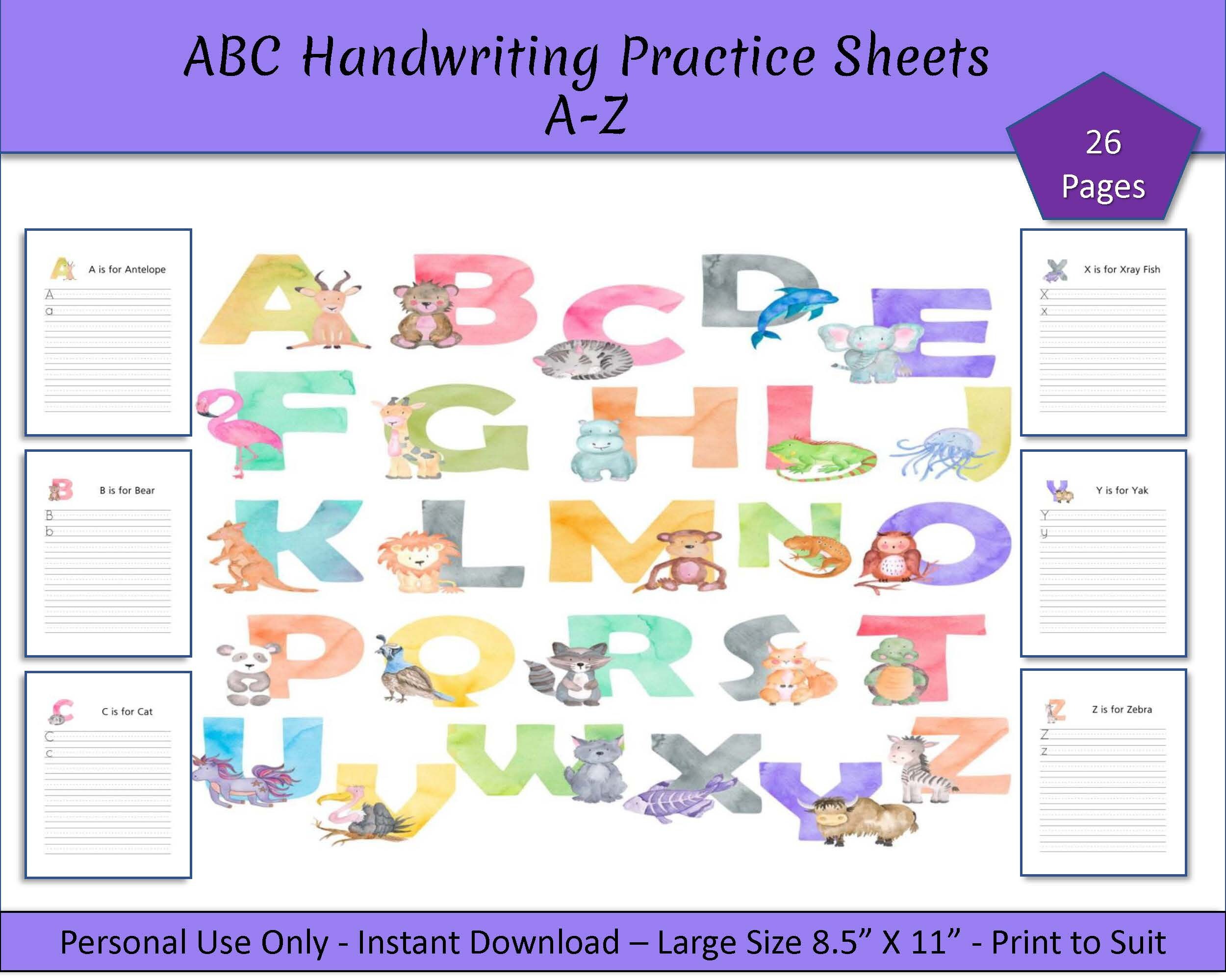 Kids ABC Animal Alphabet Practice Sheets With INSTANT DOWNLOAD - Etsy