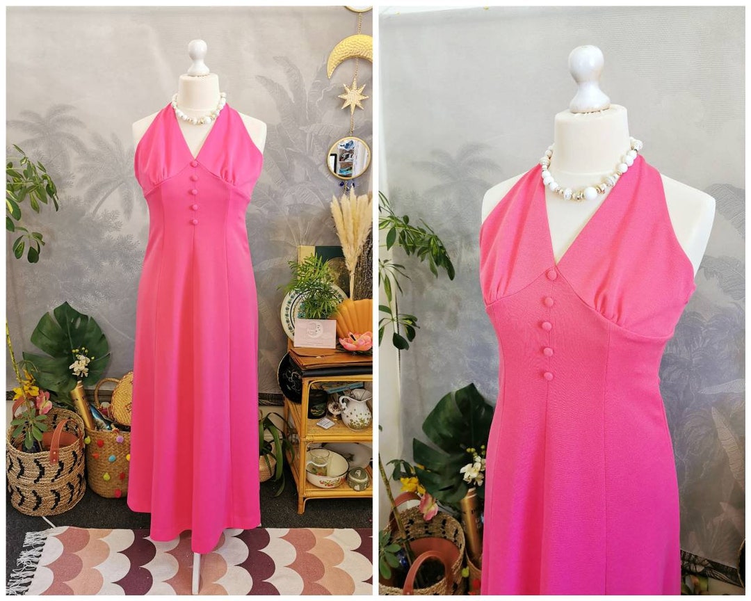 Vintage 70s Barbie Pink Maxi Dress,peggy Page, Halter Neck Dress,bright ...