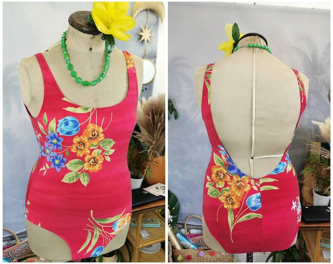 80s One Piece Swimsuit / Vintage Red Bathing Suit / Hawaiian Hibiscus ...