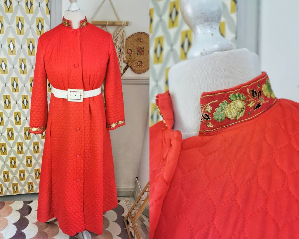 Vintage St Michael House Coat, Red Quilted Robe, 60s 70s, Metallic ...