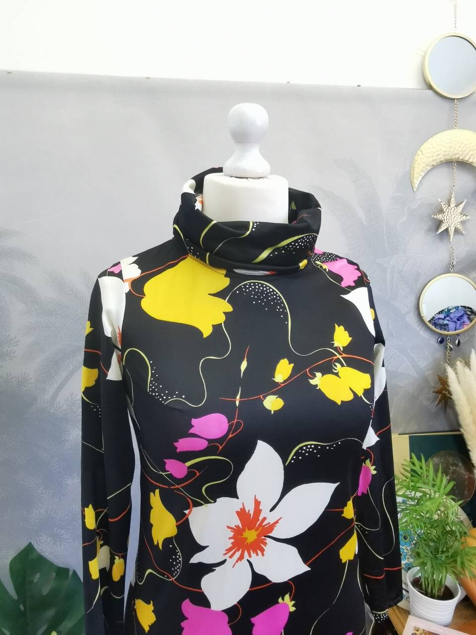 Vintage 70s Floral Maxi Dress,turtle Neck Dress,roll Neck Dress,vintage ...