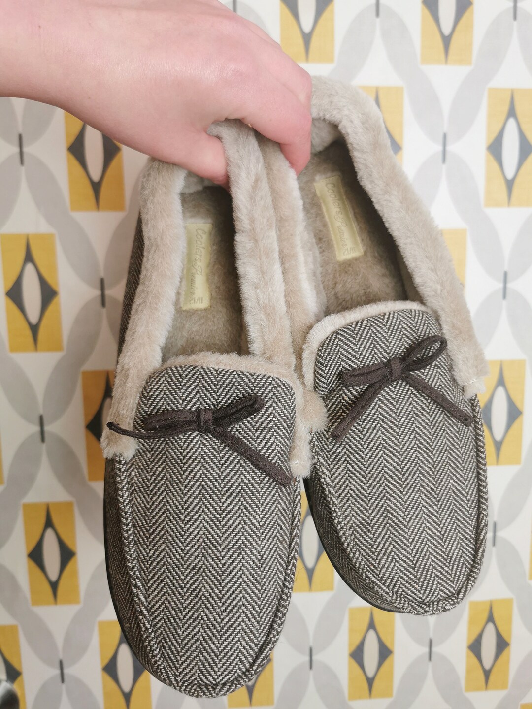 Vintage Mens Herringbone Slippers, Smart Faux Fur Lined Slippers ...