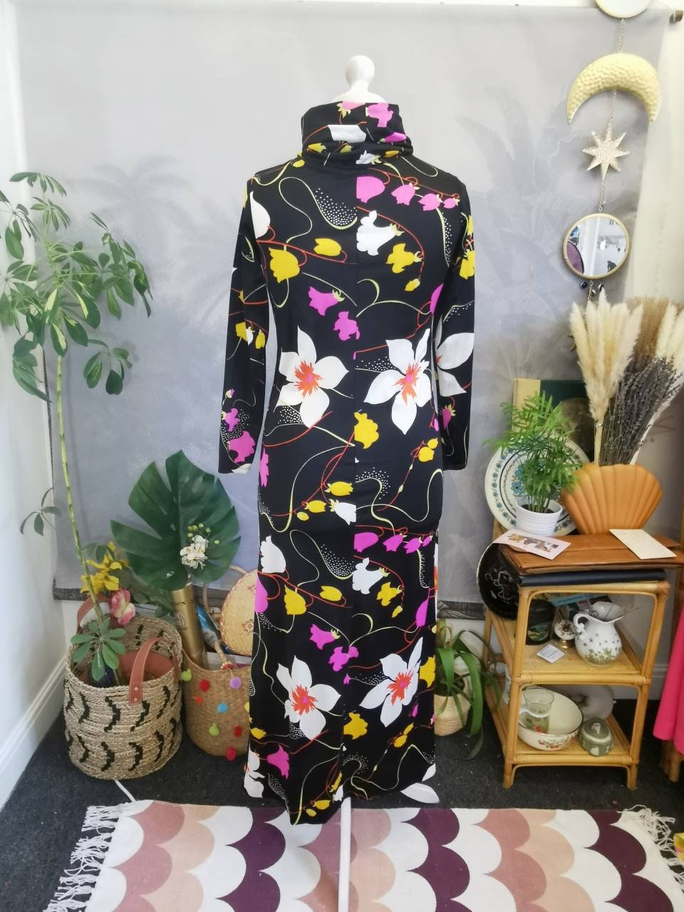 Vintage 70s Floral Maxi Dress,turtle Neck Dress,roll Neck Dress,vintage ...