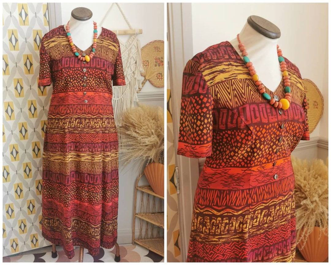 Vintage Animal Pattern Red Dress, Button Down Dress, Vintage 80s Dress ...