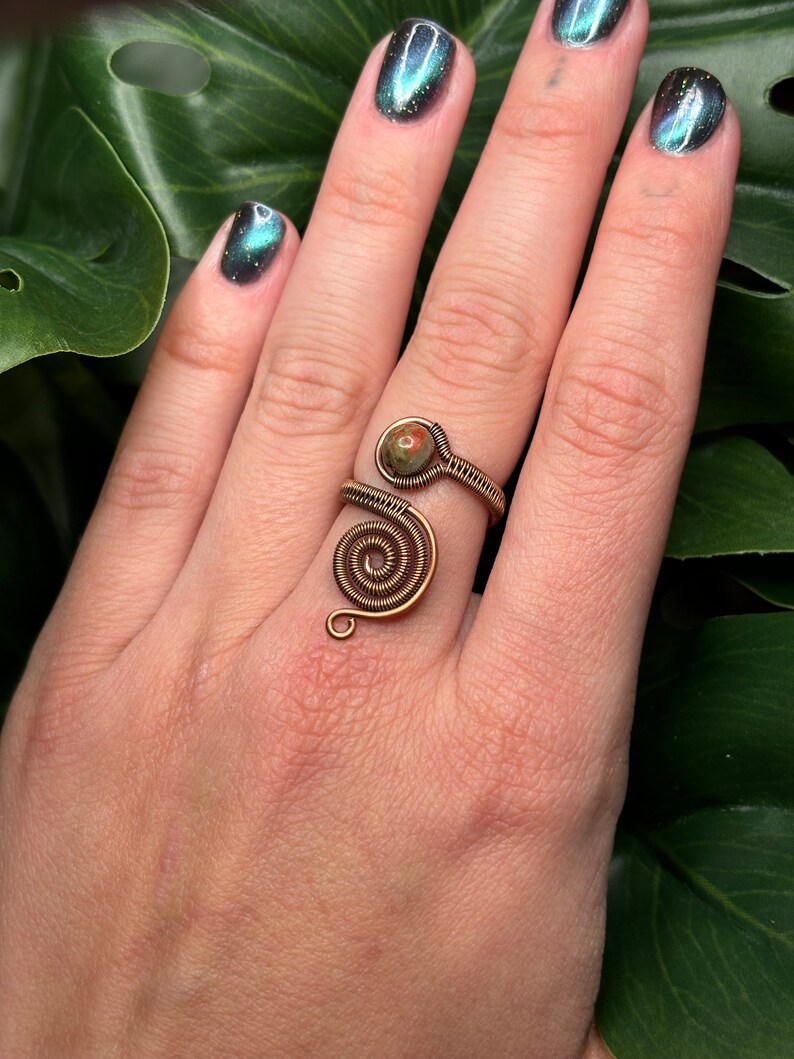 Unakite Jasper Adjustable Wire Wrapped Ring on Antiqued Copper - Etsy