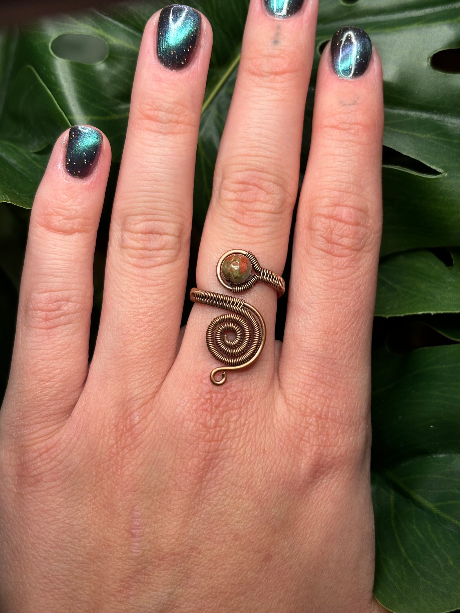 Unakite Jasper Adjustable Wire Wrapped Ring on Antiqued Copper - Etsy
