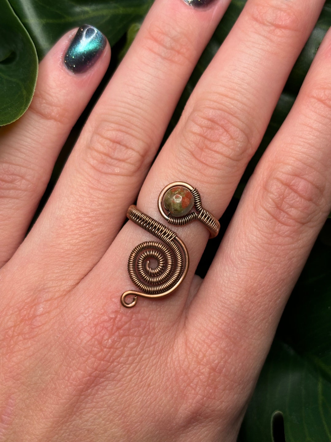 Unakite Jasper Adjustable Wire Wrapped Ring on Antiqued Copper - Etsy