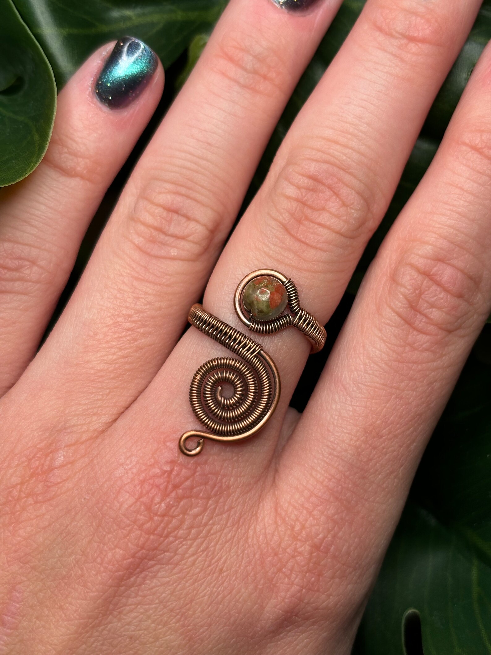 Unakite Jasper Adjustable Wire Wrapped Ring on Antiqued Copper - Etsy