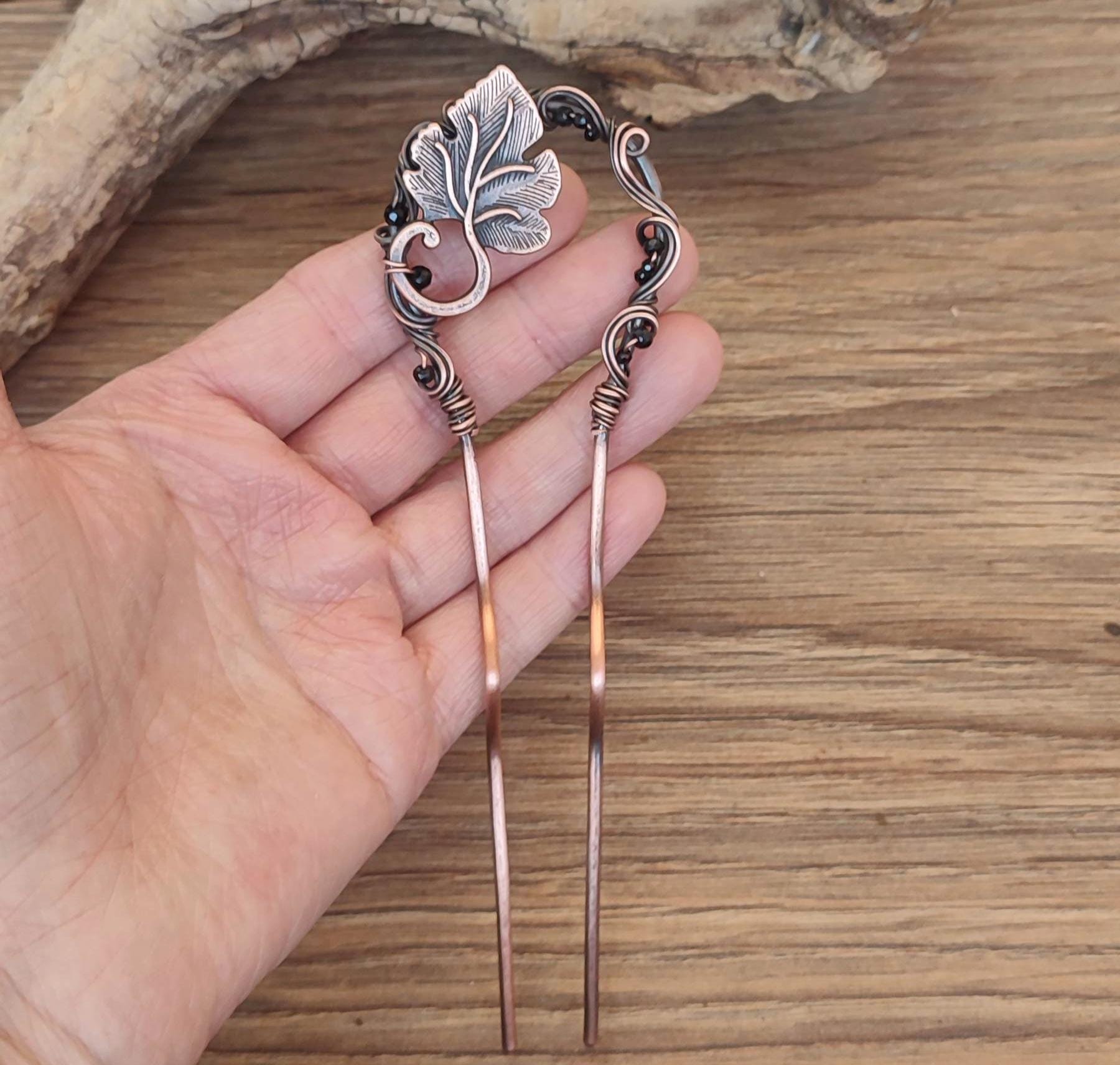 Oxidized Copper Hair Fork: Wire Wrapped Hair Pin With Black Crystal - Etsy