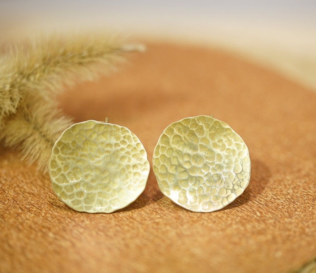 Golden Disc Earrings in Hammered Brass Brass Hammered Disc Earring Ethnic & BOHO Round and ...