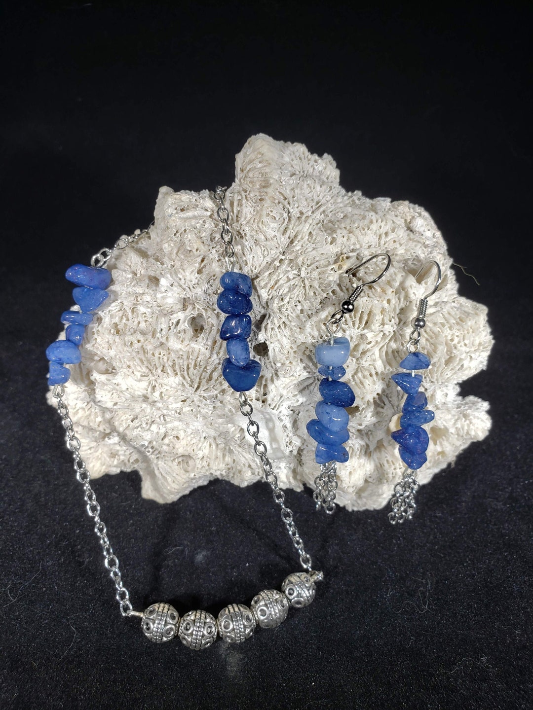 Blue Quartzite and Silver Chain Necklace and Earring Set / Blue and ...