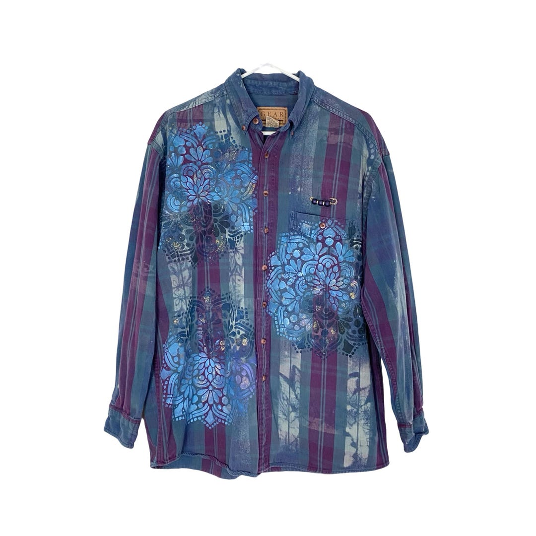 Upcycled Denim Shirt Shacket Womens Size Large Hand Painted Floral ...
