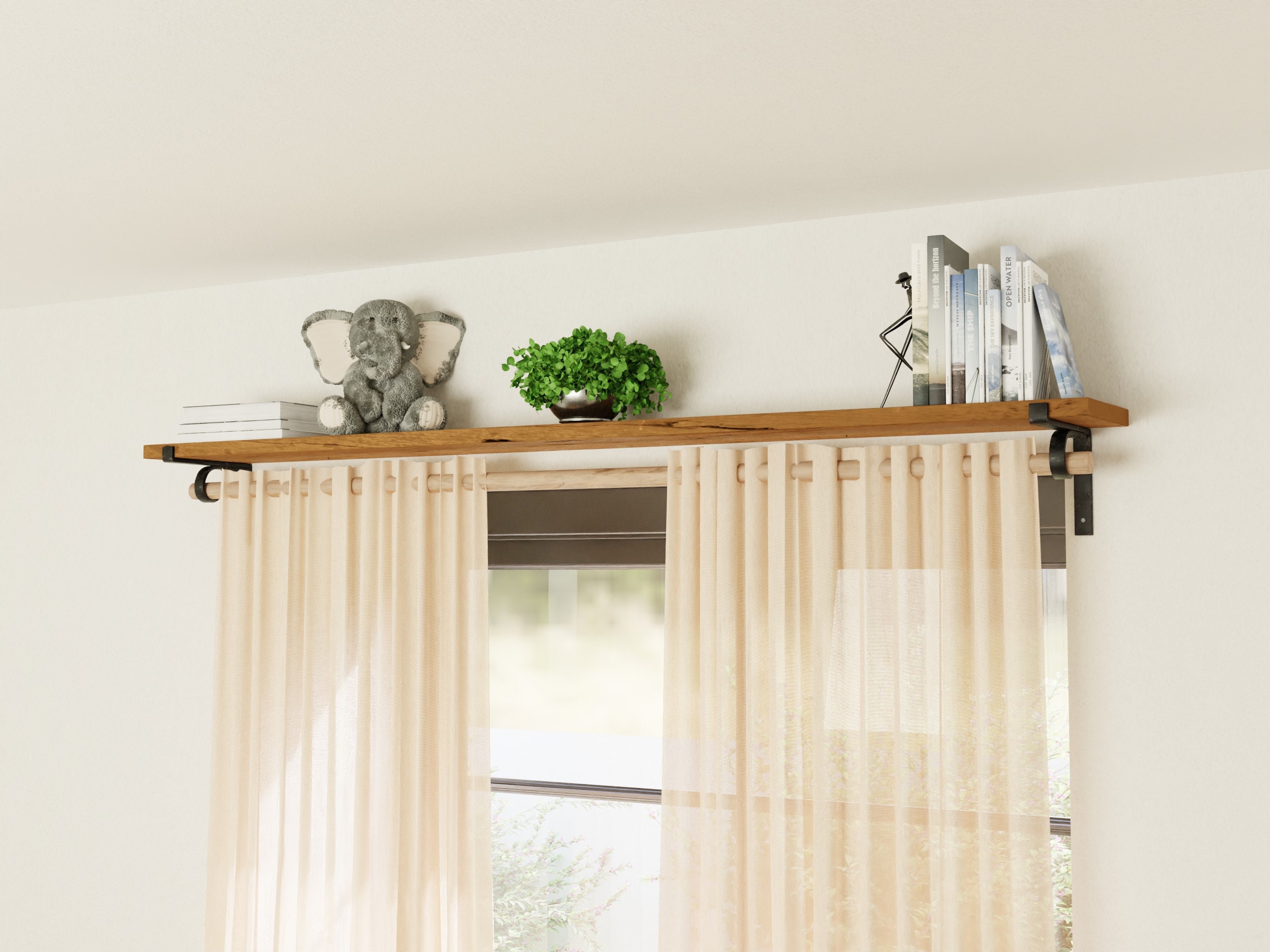 Curtain Rod Holder Brackets With Reclaimed Shelf and Rod Unit, Shelf ...