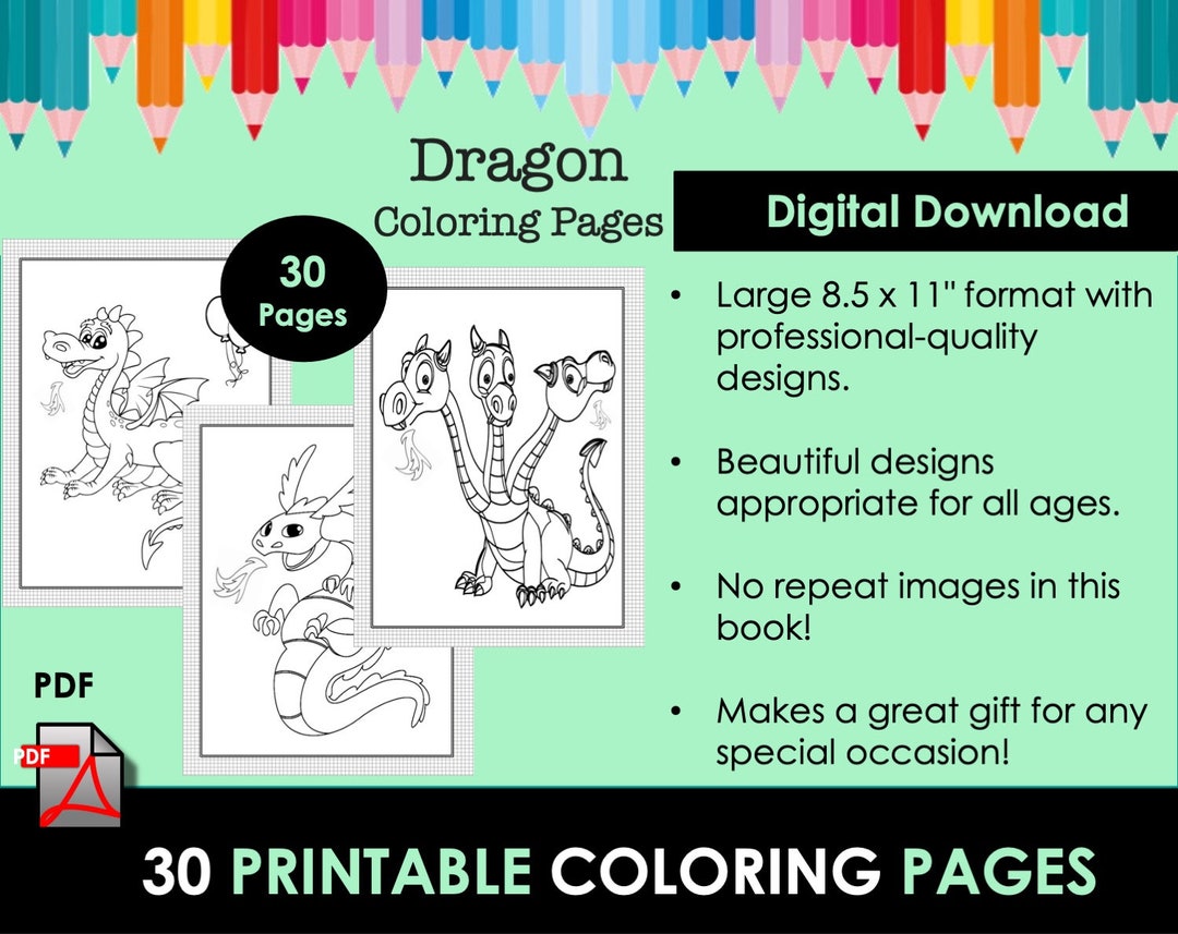 Dragon Coloring Pages - 30 Pages - Dragon Wall Art for Kids, Dragons ...