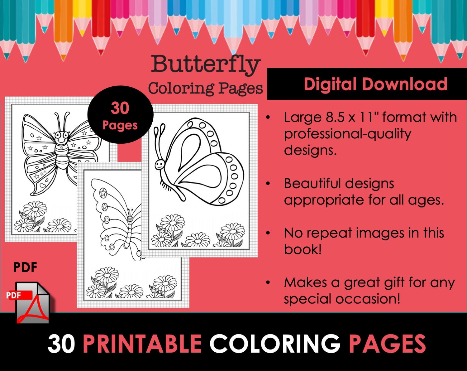 Butterfly Coloring Pages| 30 Pages | Butterfly Coloring Sheet, Coloring ...