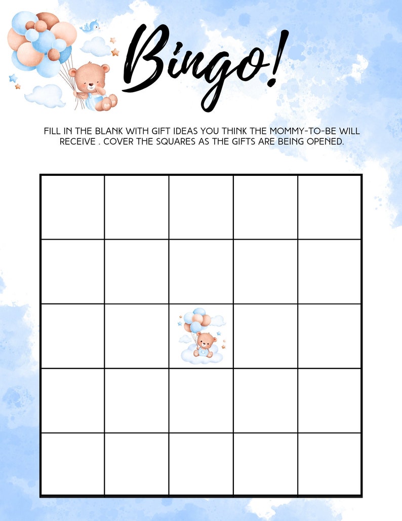 Blue Bear Bingo Baby Shower Game, Bingo Digital Download, Bingo Baby ...