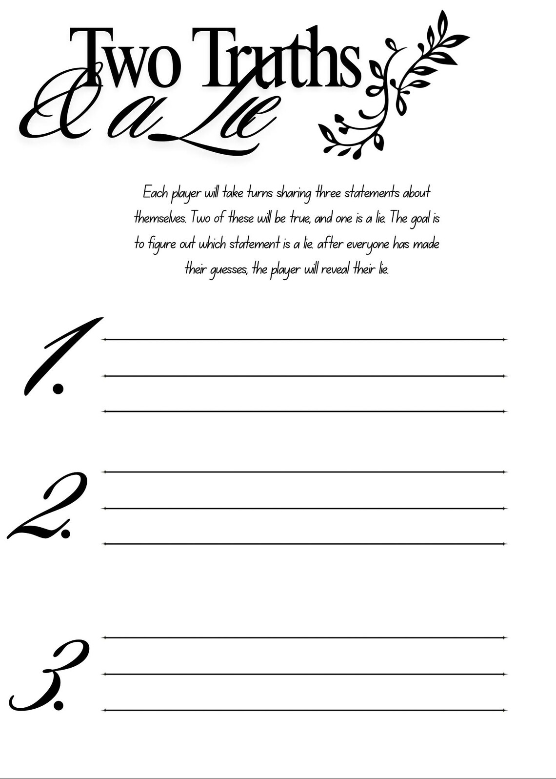 Two Truths and a Lie Game: Printable Icebreaker (instant Download) - Etsy
