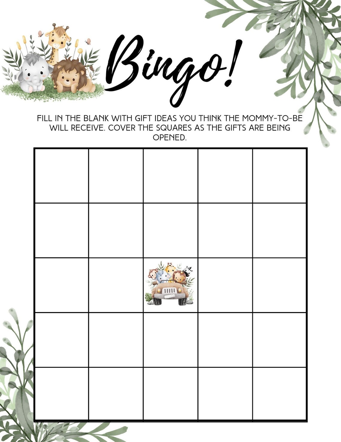 Safari Theme Bingo, Bingo Game, Baby Shower Game, Baby Shower Digital ...