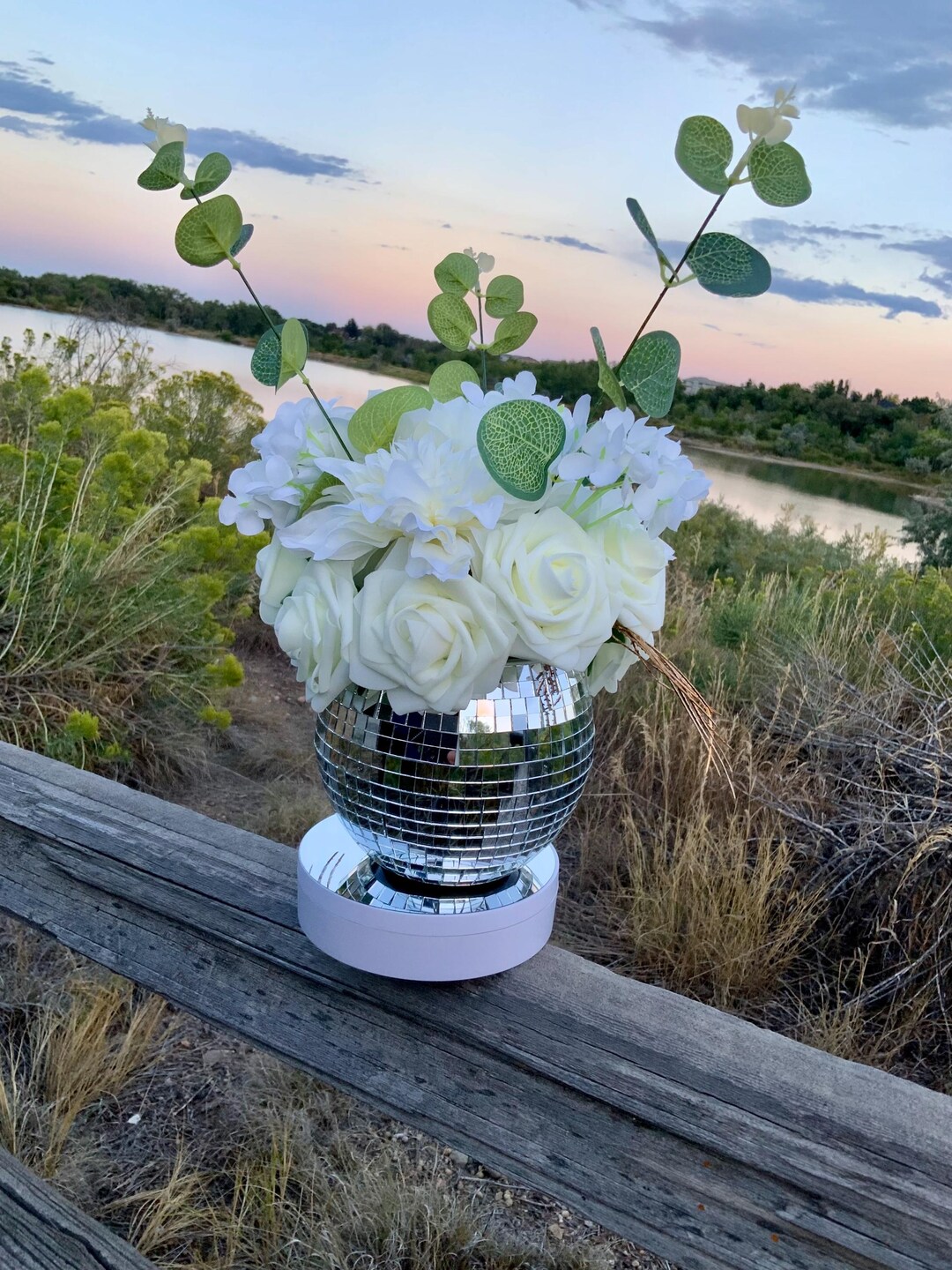 Discoball Whitw Flower Arrangement, Discoball Centerpiece, Disco Party ...