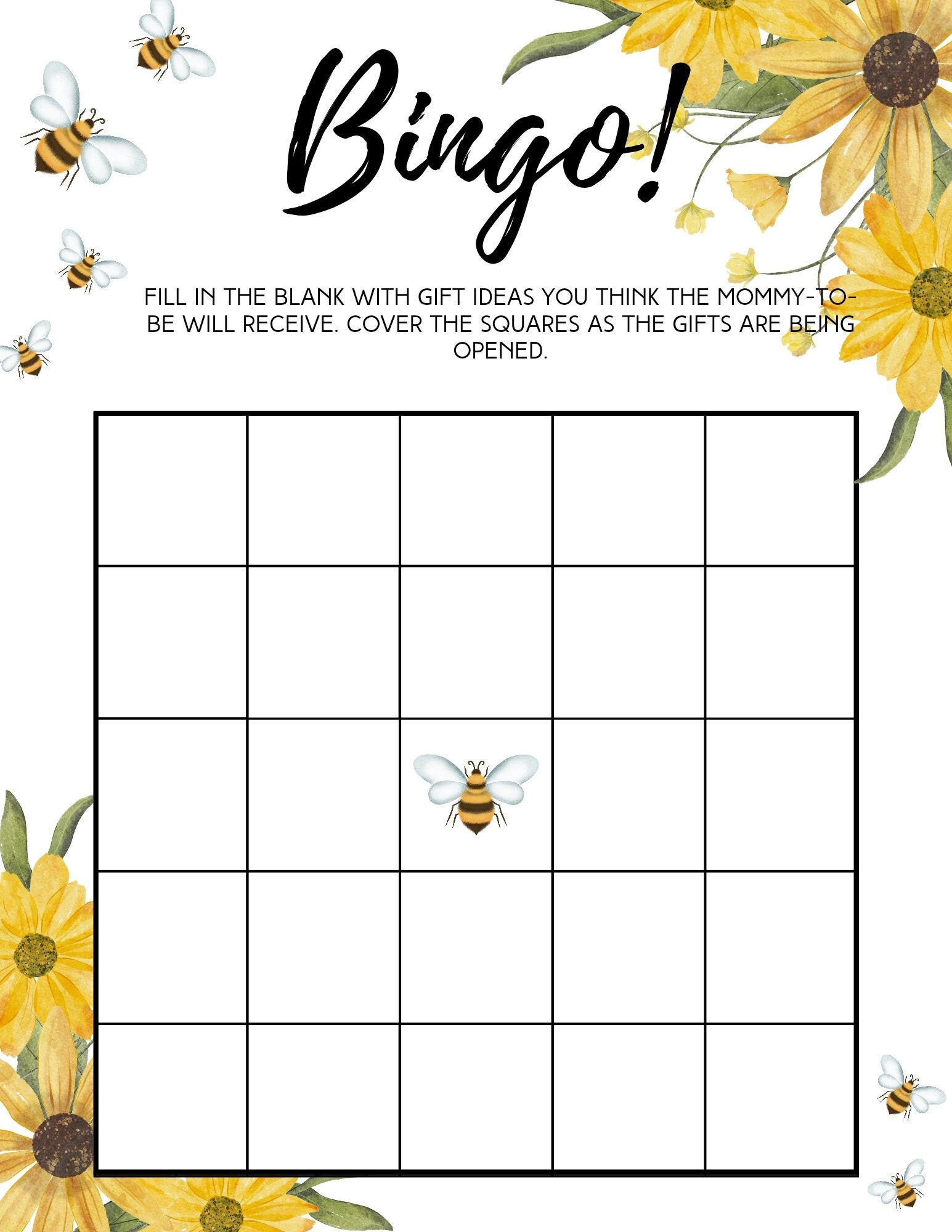 Bee Theme Bingo Baby Shower Game, Bingo Game, Bee Theme Bingo Digital ...
