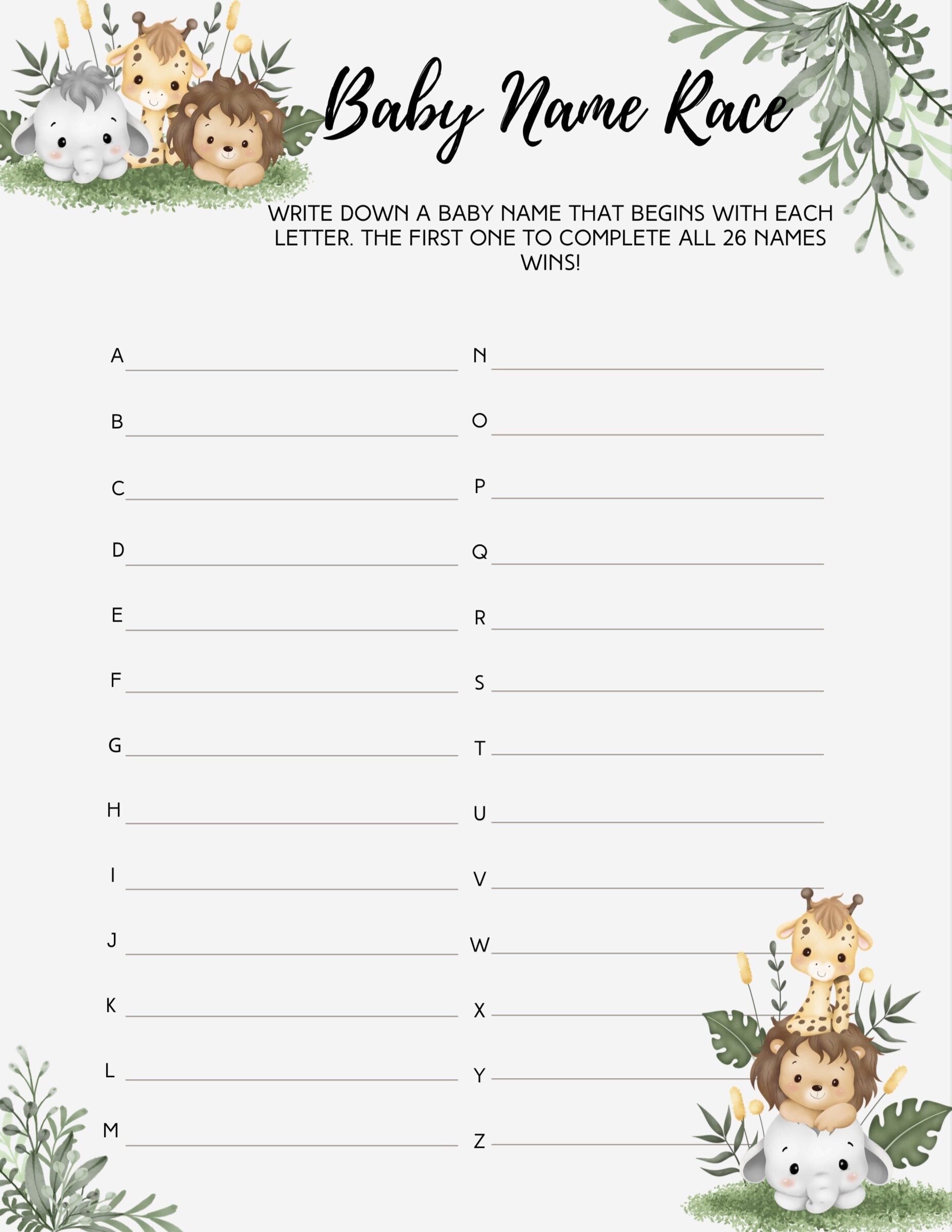 Baby Shower Game, Baby Name Race Game, Alphabet Name Game, Digital ...