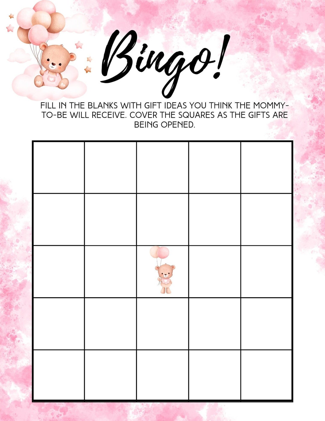 Bingo Baby Shower Game, Pink Bear Theme Baby Shower Game, Digital ...