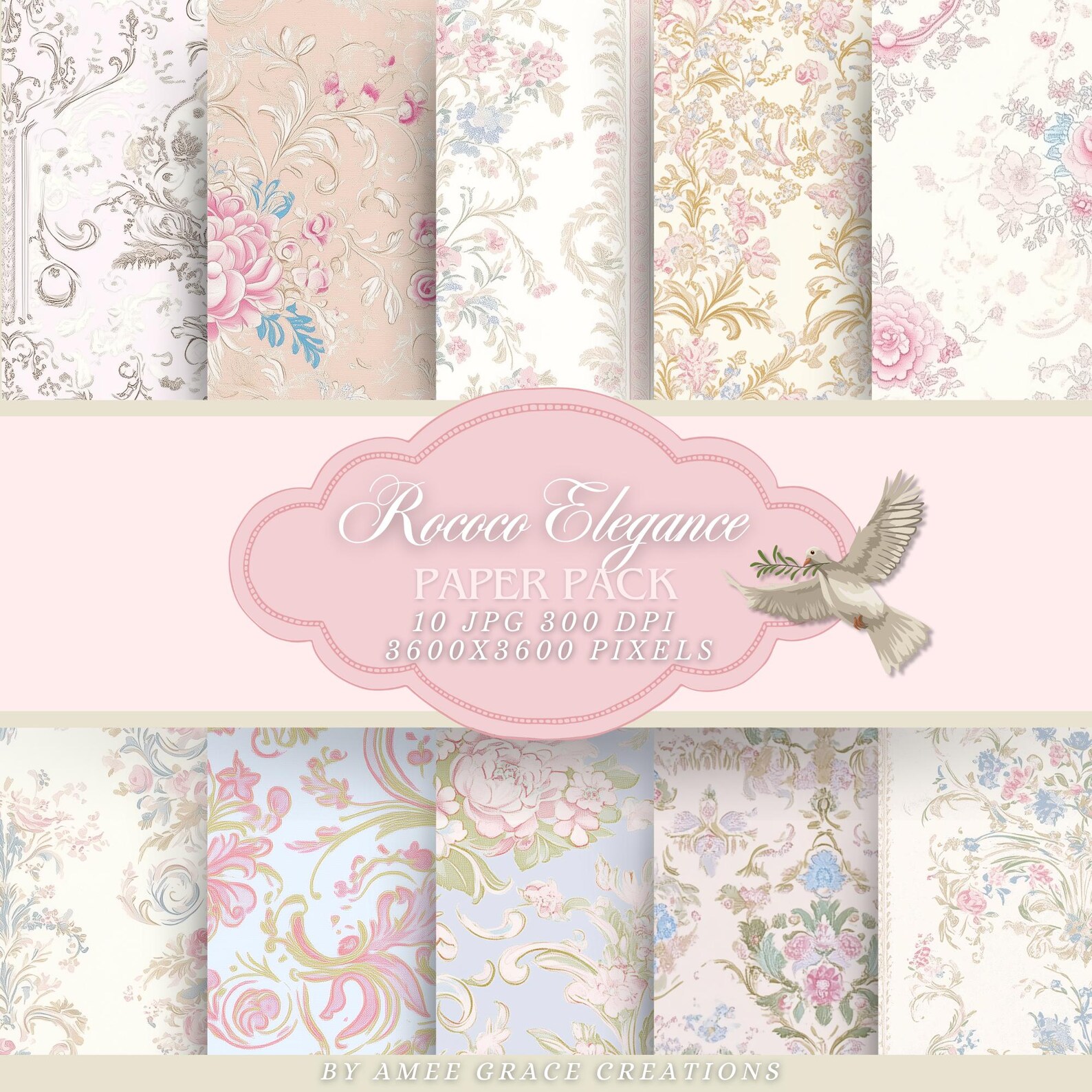 Rococo Elegance Digital Paper Pack – 10 Seamless High-resolution JPG ...