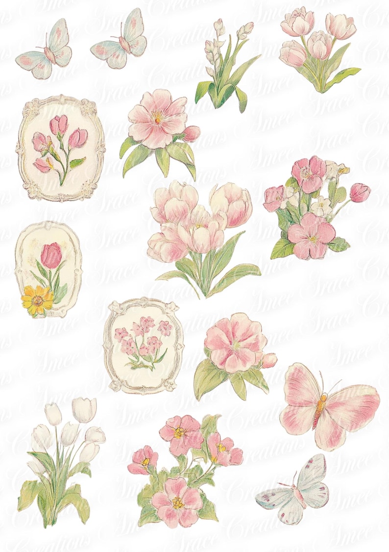 Vintage Spring Themed Flowers, Butterflies & Bunnies – Set of 5 Collage ...