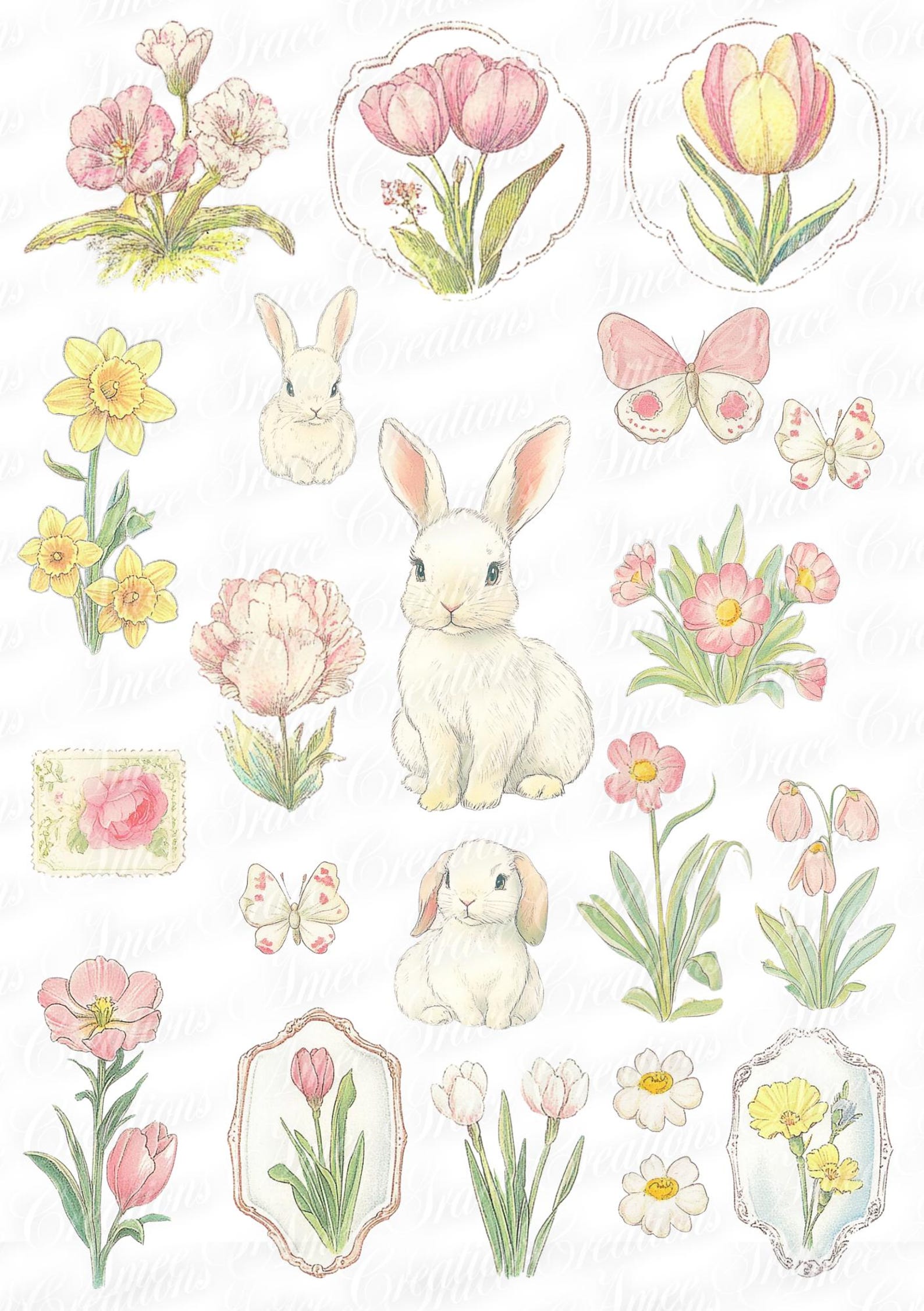 Vintage Spring Themed Flowers, Butterflies & Bunnies – Set of 5 Collage ...