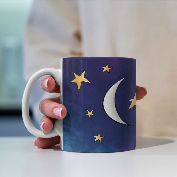 Moon Mug Moon and Stars Mug Watercolor Mug Celestial Gift - Etsy