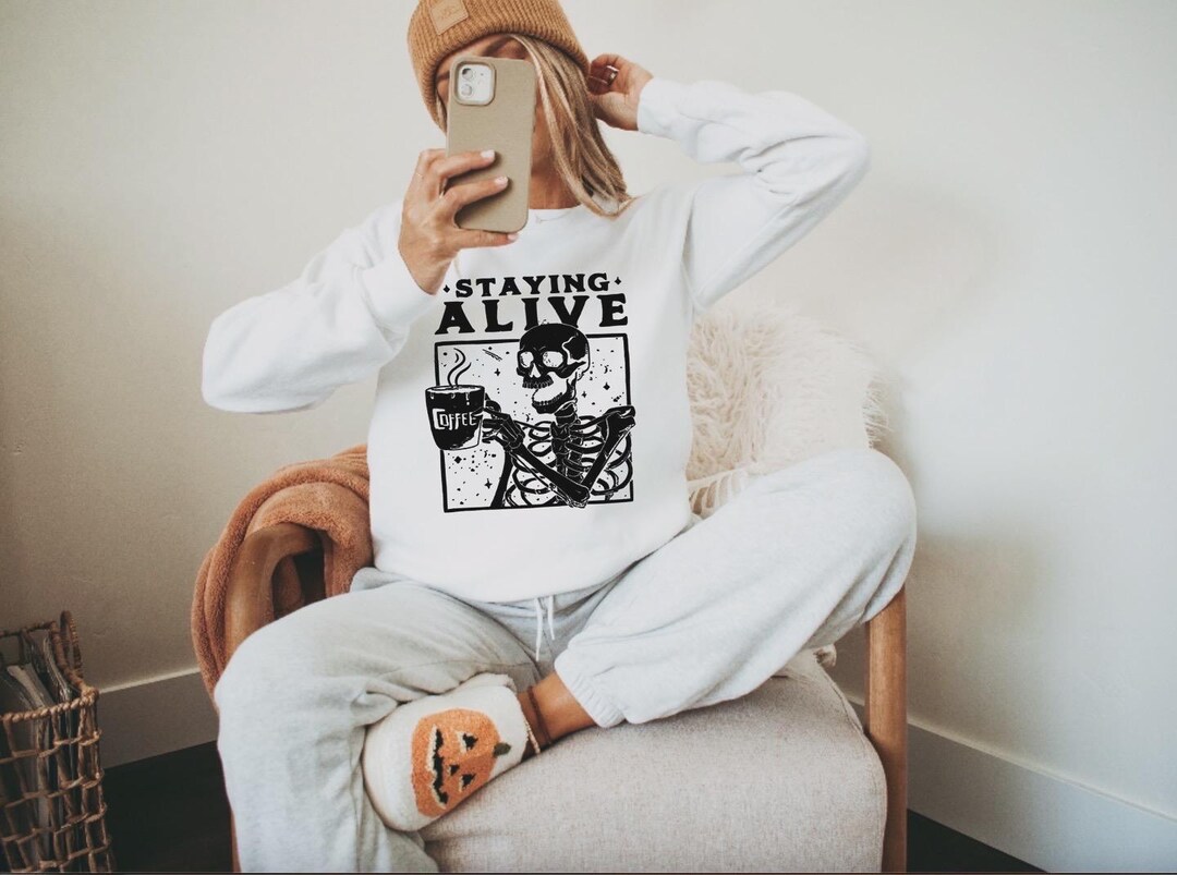 Staying Alive Skeleton Coffee Graphic Tee - Retro Halloween Crewneck - Etsy