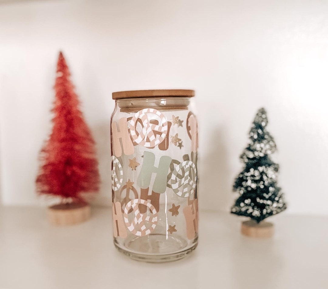 Boho Christmas Glass Can, Ho Ho Ho Candy Cane Design, Holiday Gift - Etsy
