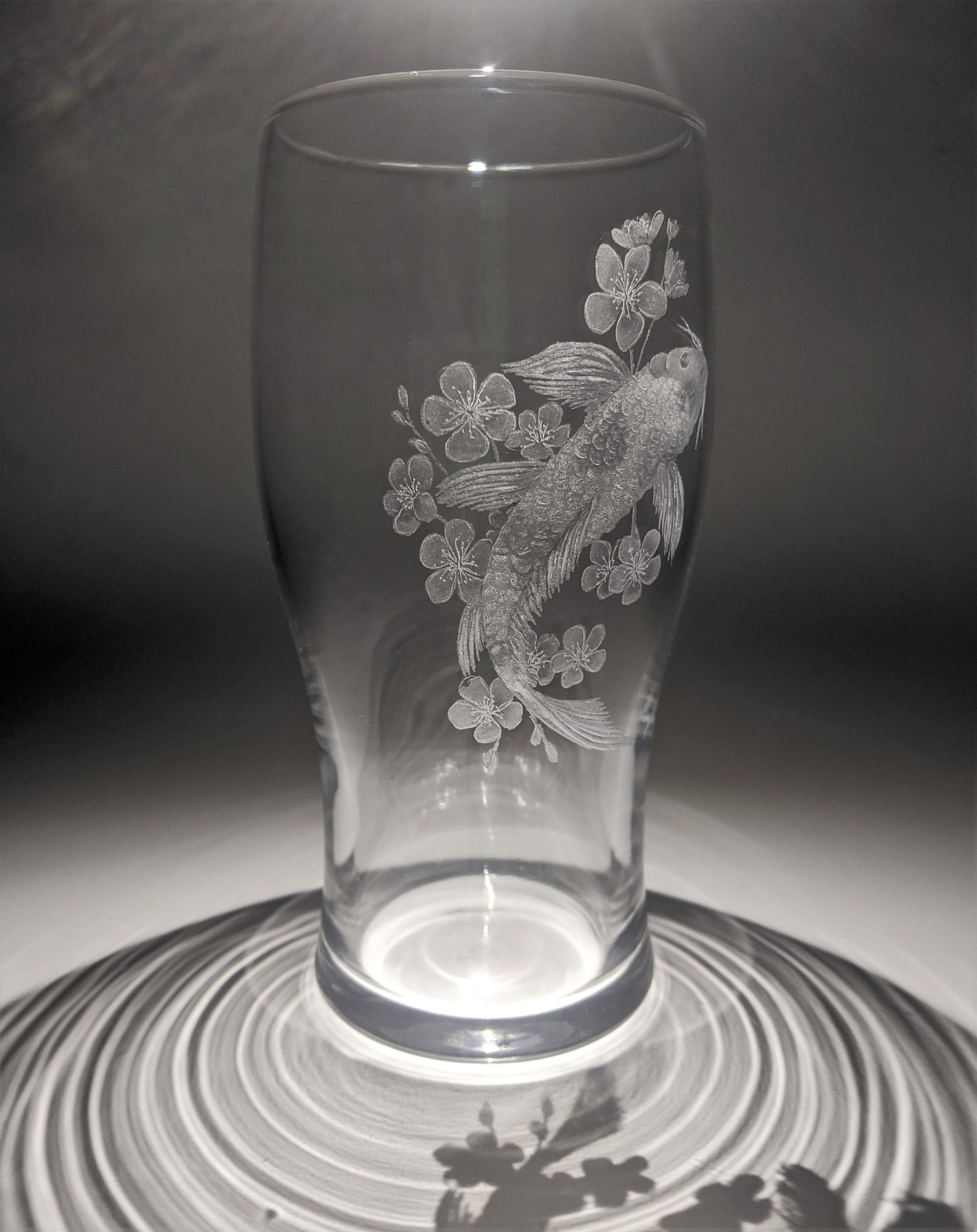 Koi Fish Pint Glass - Engraved Glass - Koi Fish and Cherry Blossom ...