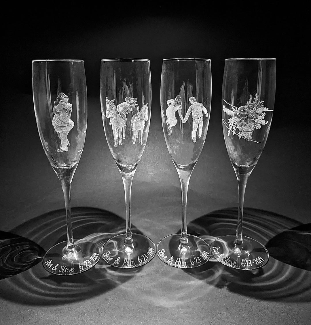 CUSTOMISED Wedding Champagne Glasses - YOUR PICTURES Hand Engraved ...
