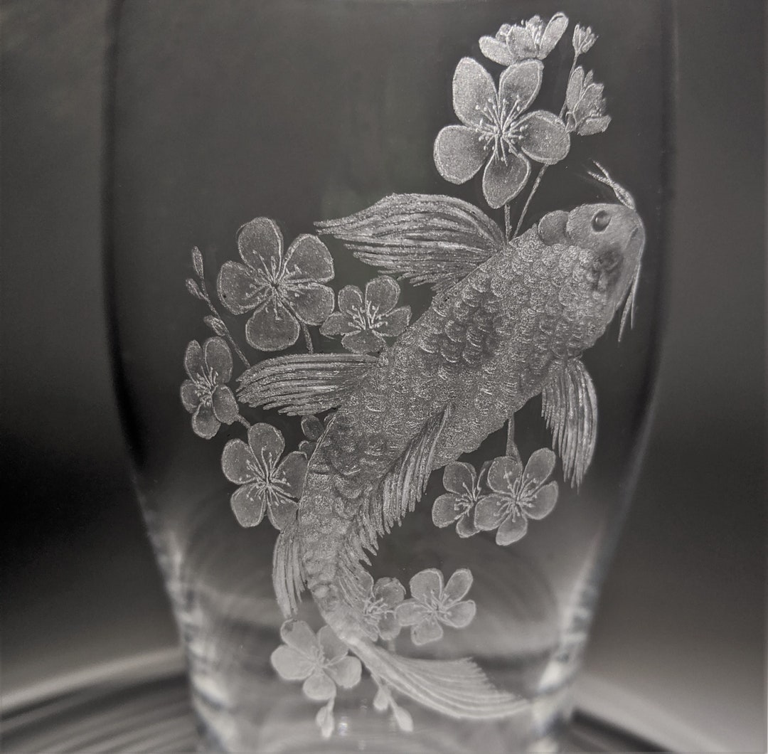 Koi Fish Pint Glass - Engraved Glass - Koi Fish and Cherry Blossom ...