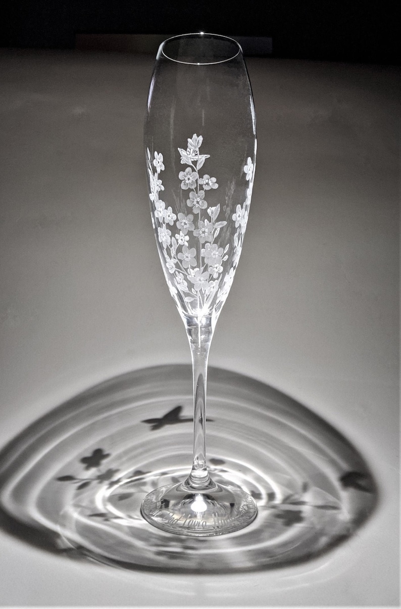 Hand Engraved Prosecco Glass – Forget Me Not Flowers, Personalized ...