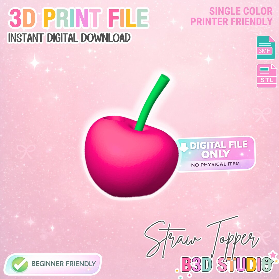 Cherry Straw Topper 3D Print File (STL & 3MF Digital Download) 8mm ...