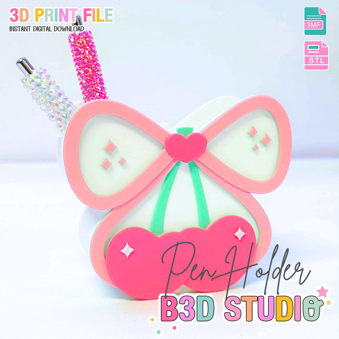 Cherry Bow Heart Pen Holder 3D Printable: Desk Decor (STL + 3MF File ...