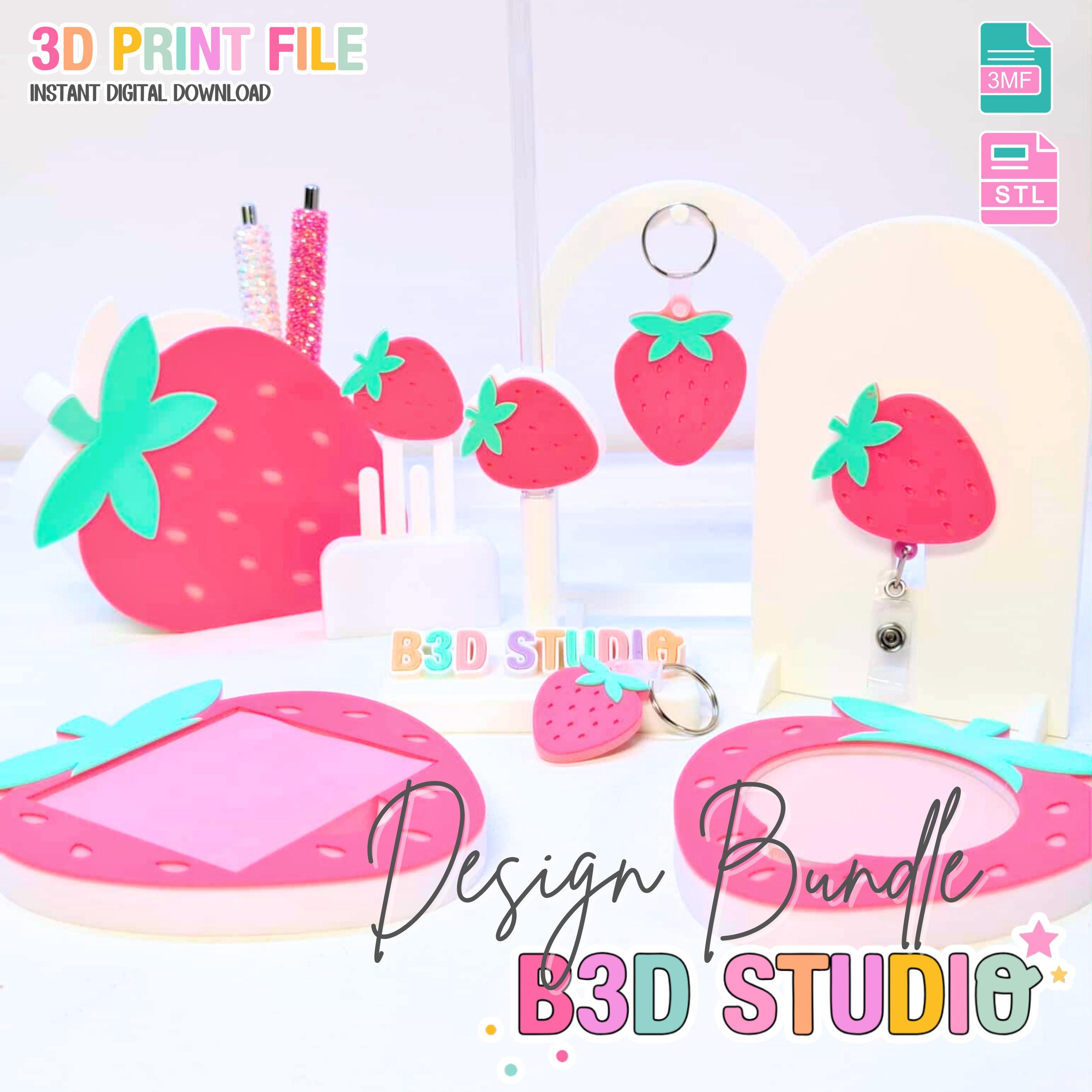 Strawberry 3D Print File Bundle: Pen Holder, Keychain, More (STL & 3MF ...