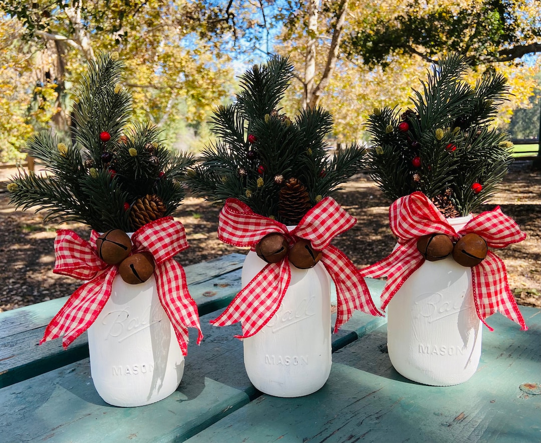 Christmas Pine Centerpiece, Beige Mason Jar With Checker Bow - Etsy