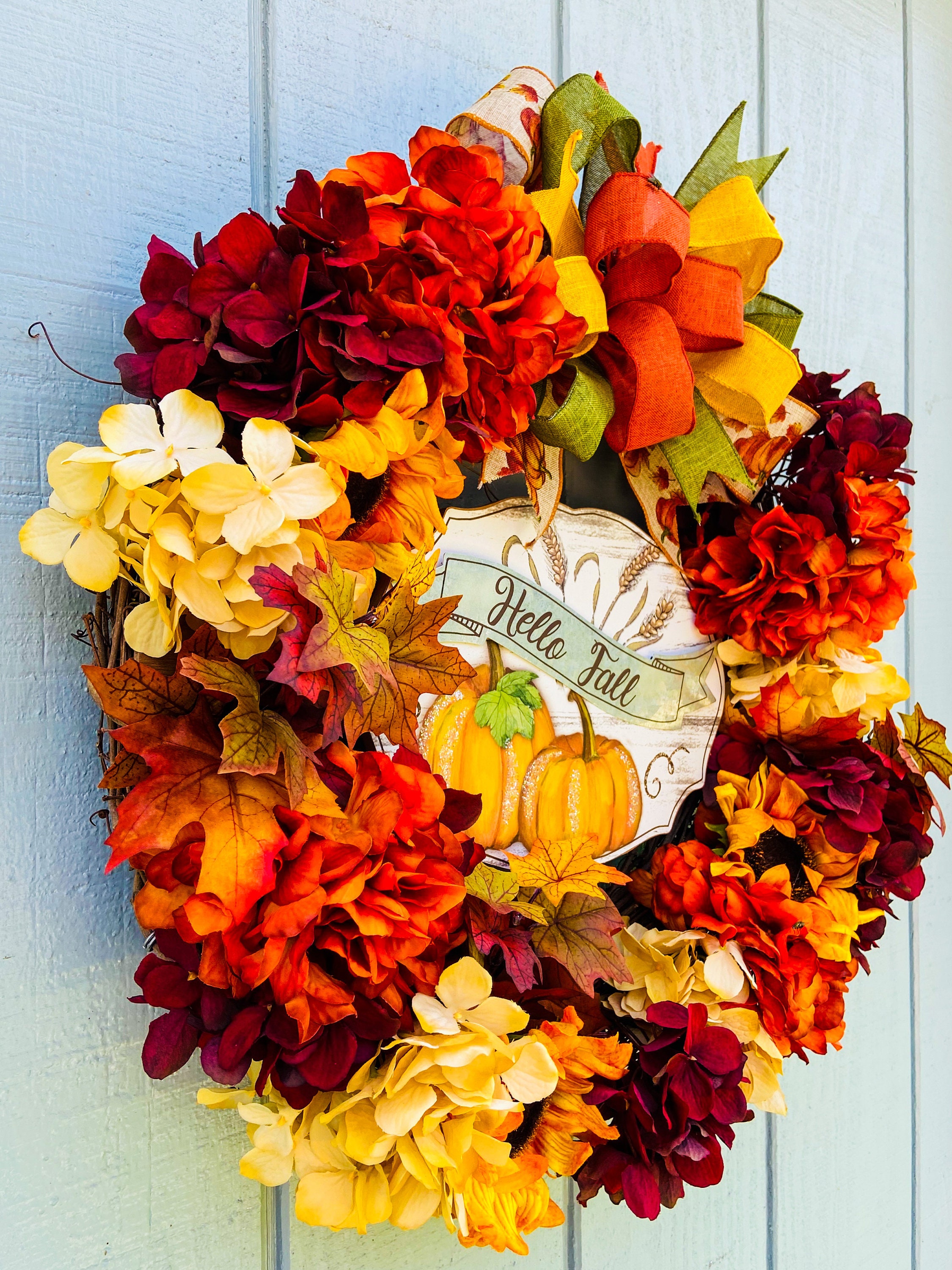 Hello Fall Wreath Orange Burgundy Ivory Wreath Sunflower - Etsy New Zealand