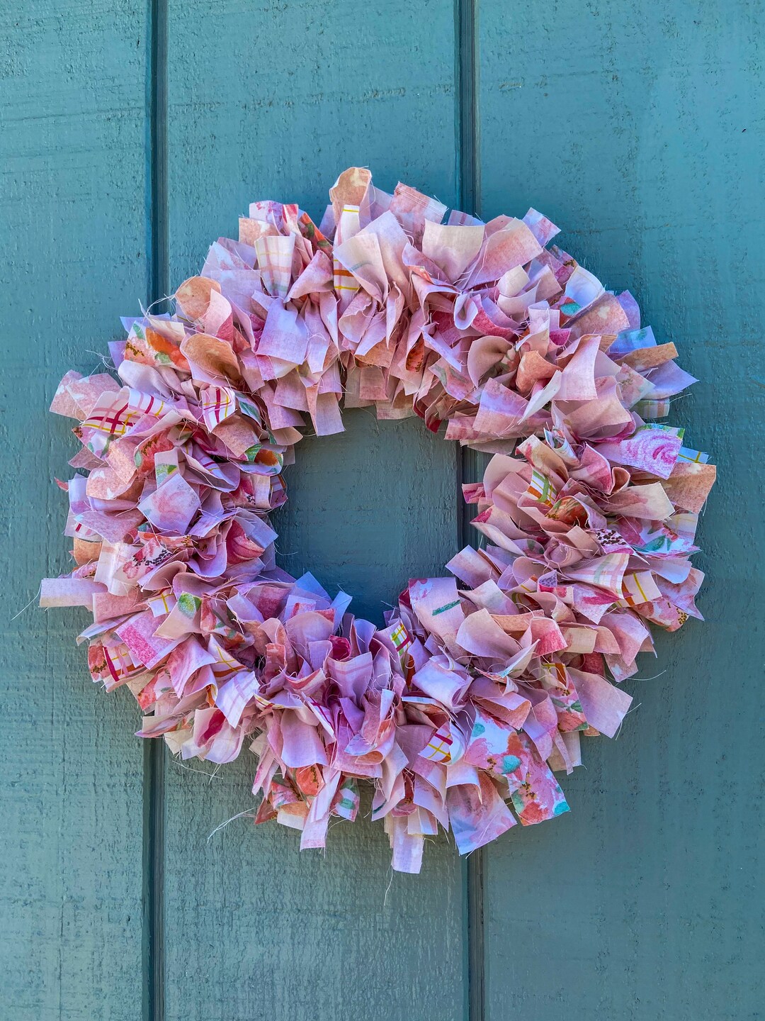 Pink Rag Wreath, Pink Floral Fabric Wreath, Spring Wreath, Pink, Green ...