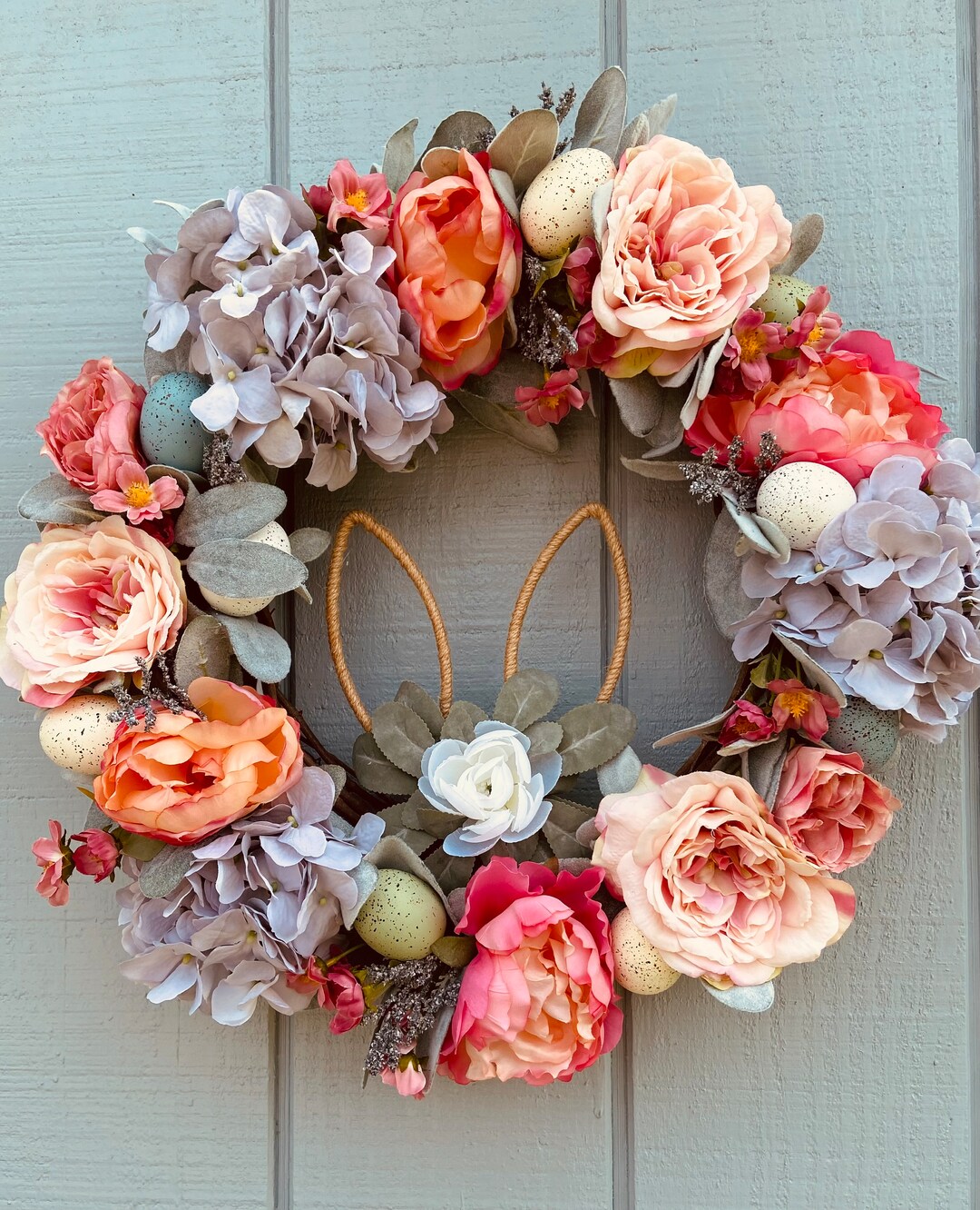Easter Peony Hydrangea Wreath, Bunny Ears, Spring Farmhouse Decor - Etsy