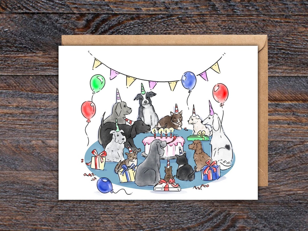 Dog & Cat Birthday Party, Greeting Card With Envelope - Etsy