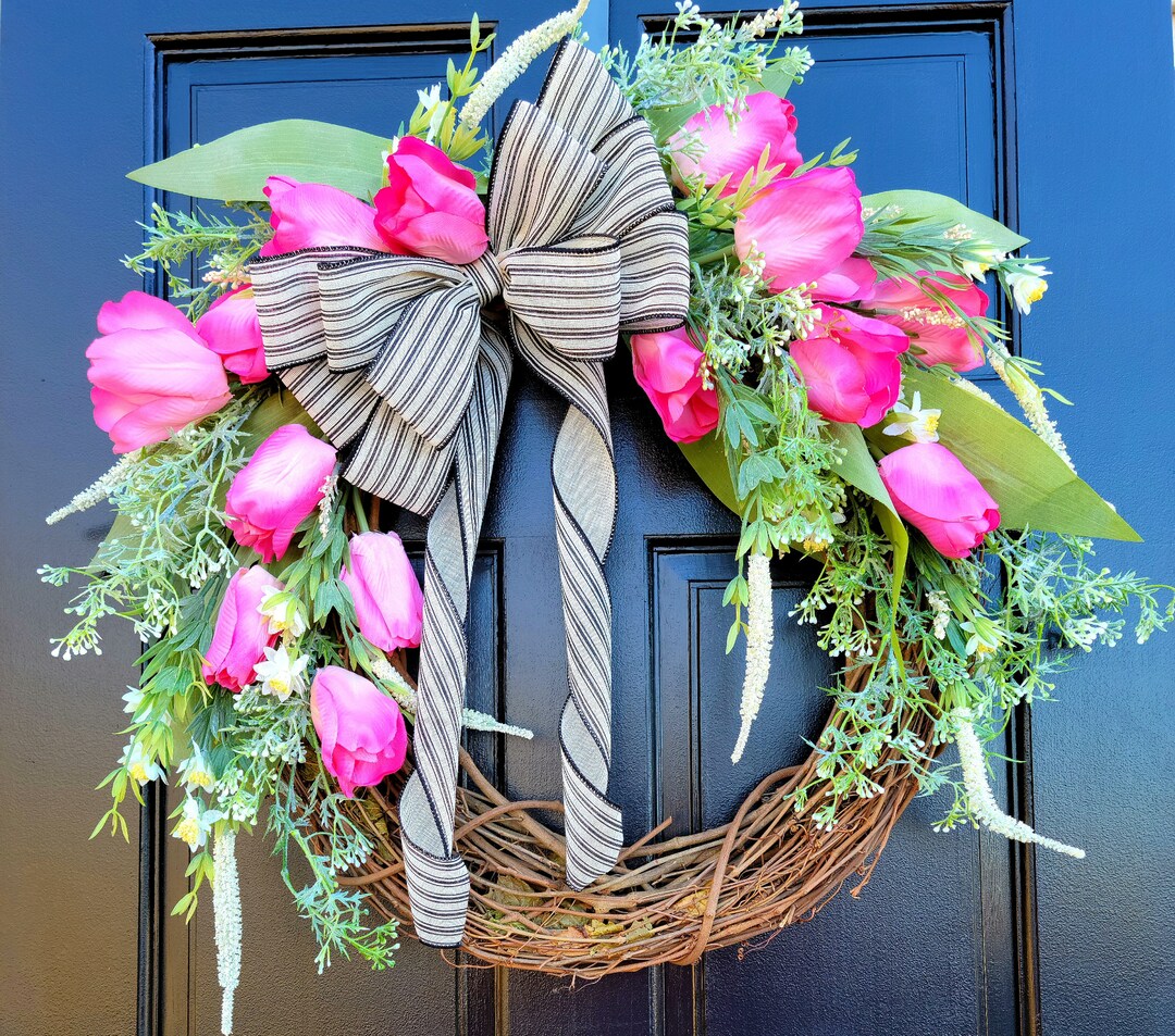 Spring Pink Tulip Farmhouse Front Door Wreath, Hot Pink Spring Tulip ...