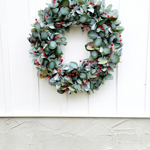 Red Berry Winter Wreath | Lamb’s Ear, Eucalyptus & Pinecones | Rustic ...