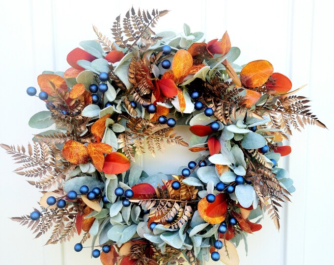 Rust Orange Eucalyptus, Blue Berries, and Copper Fern Leaves Fall Door ...