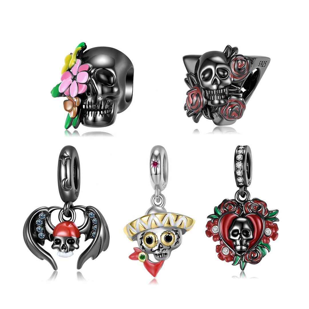 Wow Charms 925 Sterling Silver Charms Flower & Skull Enamel Pendant ...
