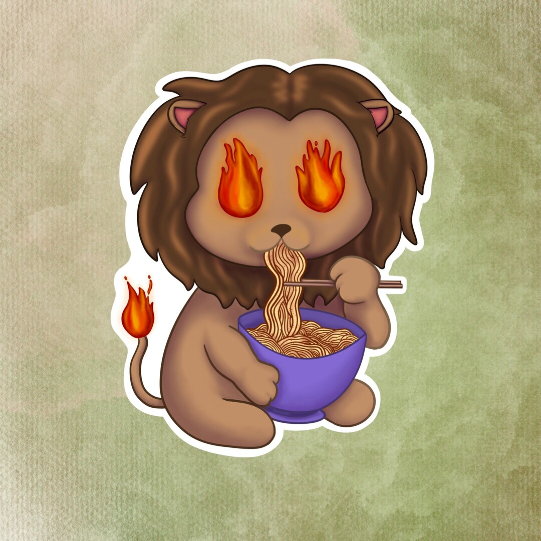 Lion Eating Spicy Ramen Sticker. Waterproof Decal Laptop, Waterbottle ...